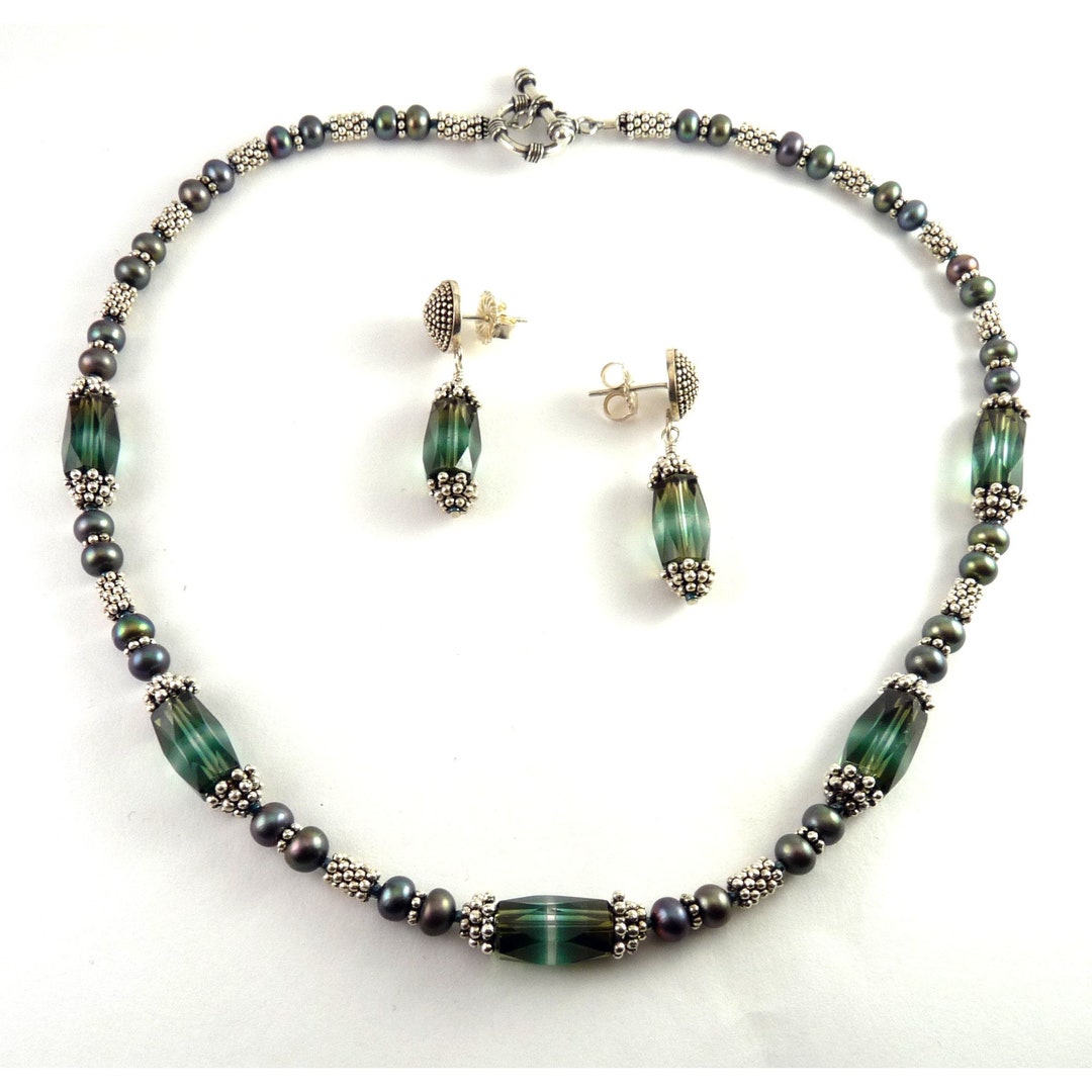 Emerald Green, Olivine Art Glass Beads, Peacock Pearls, Sterling ...