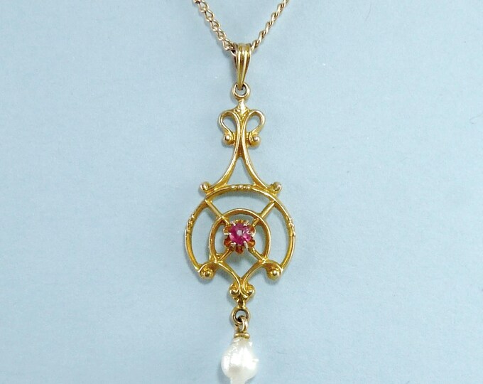 Antique Edwardian 10K Gold, Ruby & Pearl Lavaliere Pendant Necklace ...