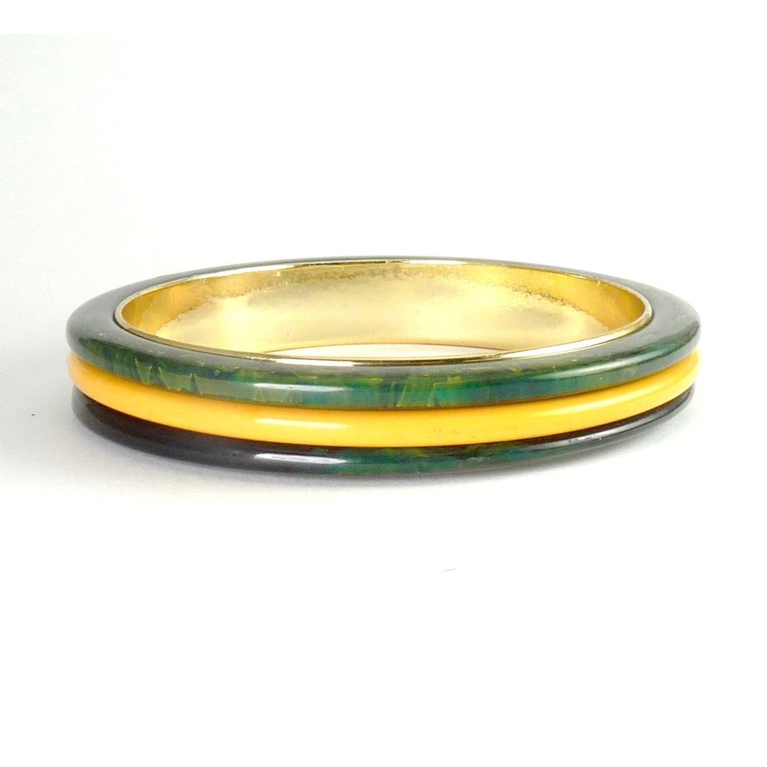 Vintage BAKELITE 3-color Laminated Bangle, Marbled Navy Blue, Yellow ...