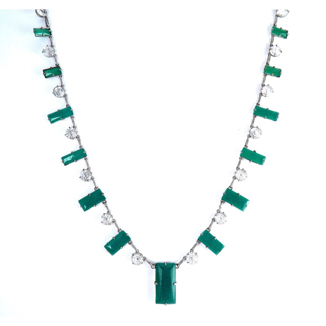Art Deco Bezel Set Green & Crystal Stones Chain Linked Like - Etsy