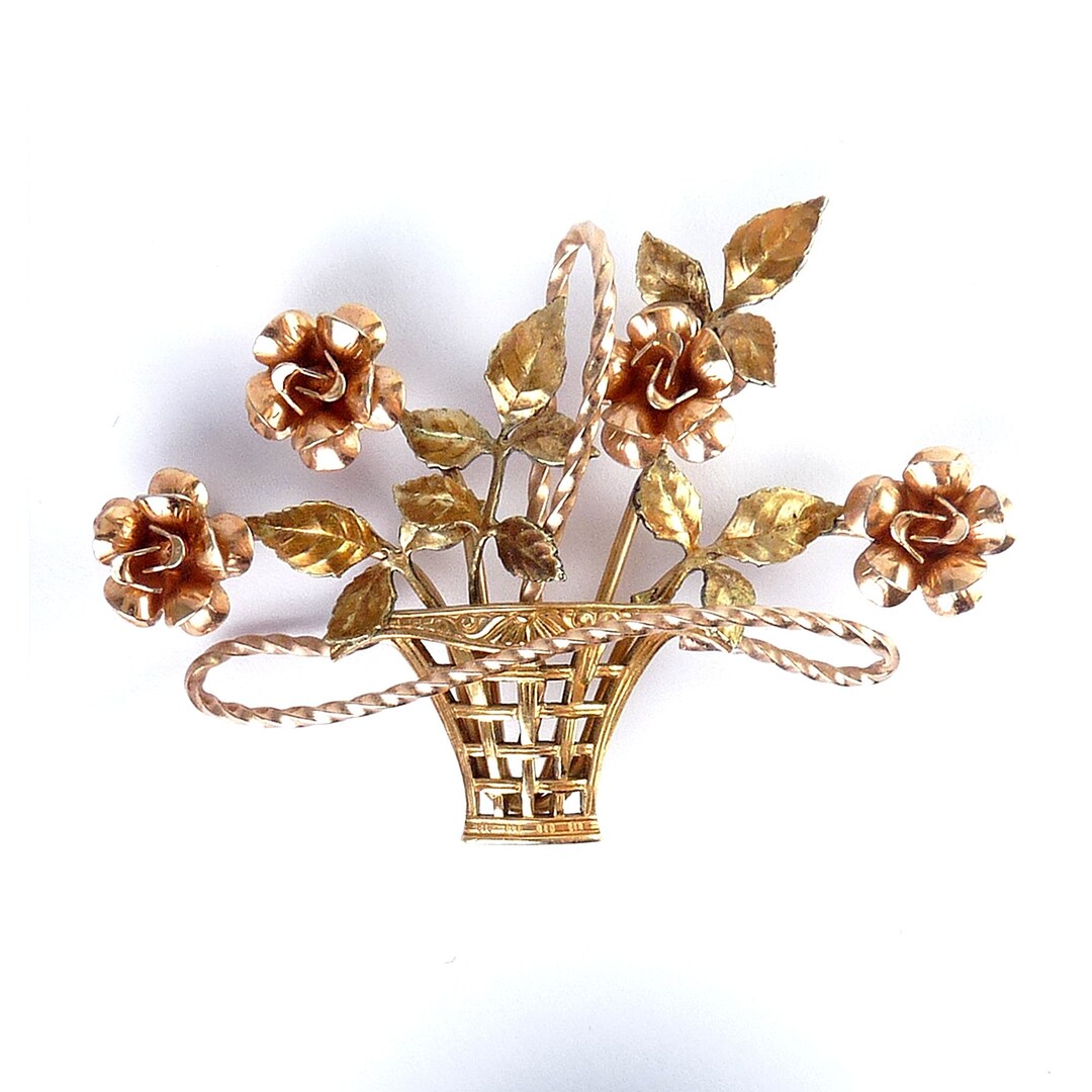 Krementz 2-tone Retro Style Fancy Flower Basket Brooch Pin, Yellow ...