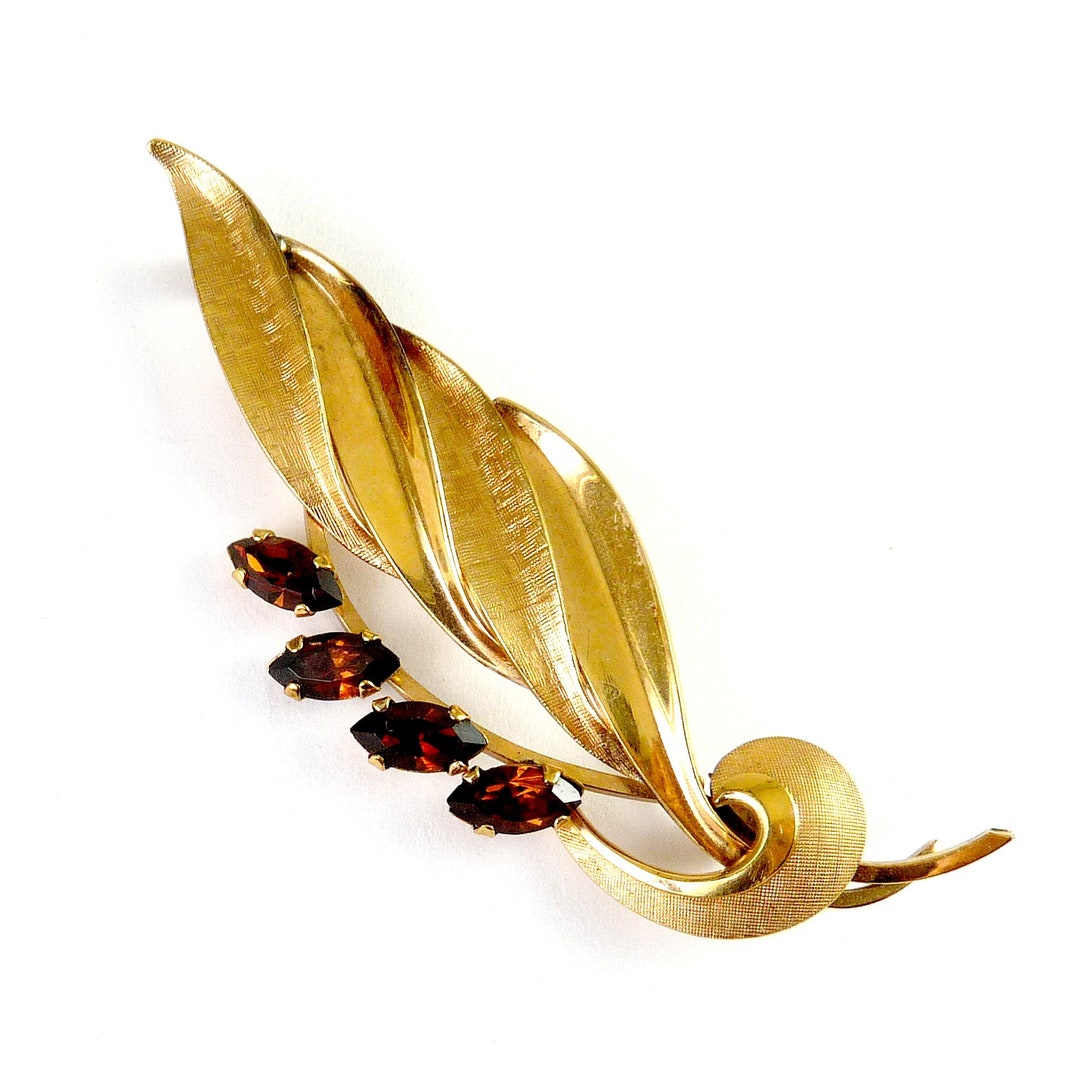 Van Dell Gold-filled Leaves Branch Pin, Brown Cognac Rhinestones - Etsy