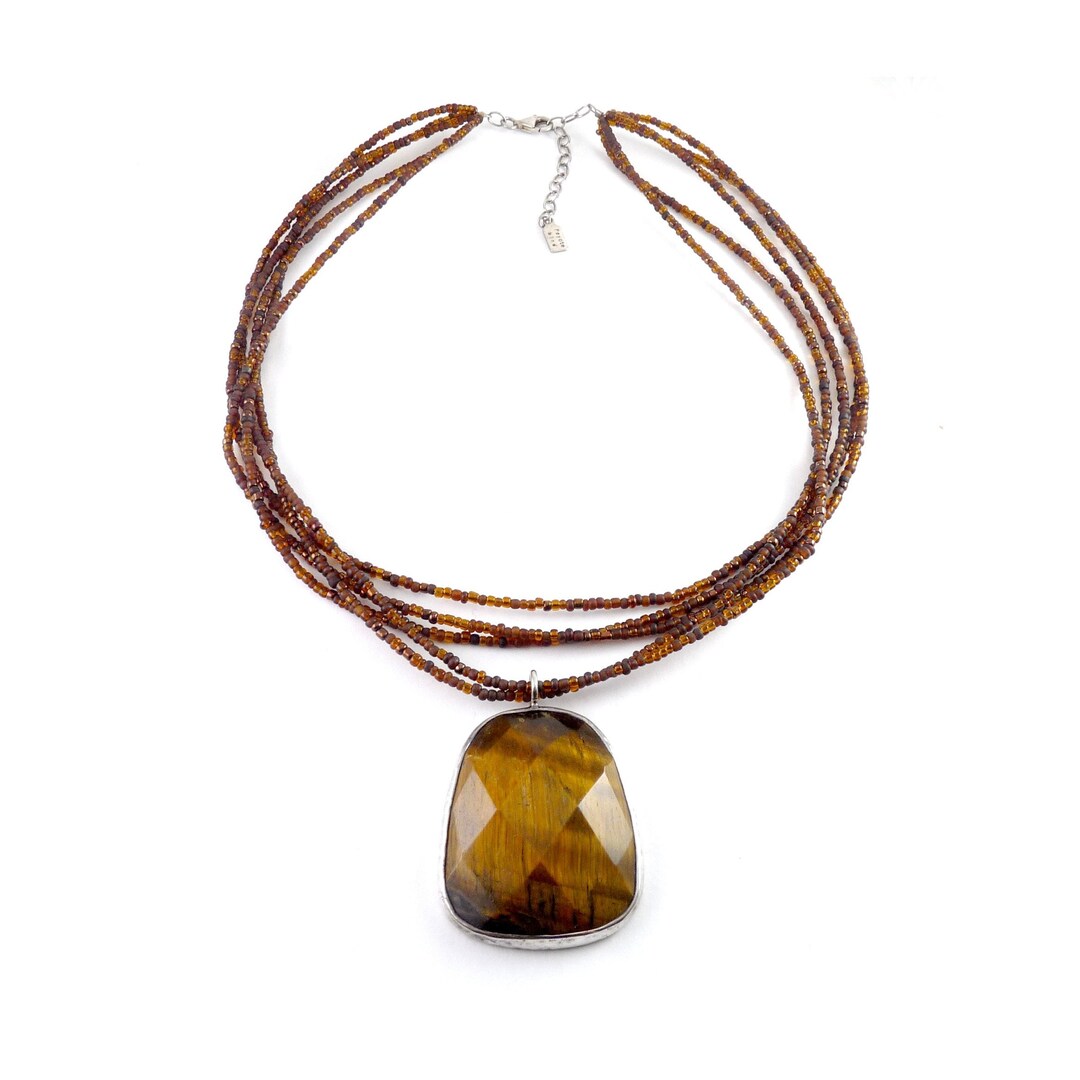 Peyote Bird Tiger's Eye Pendant, Glass Beads Necklace, Sterling ...