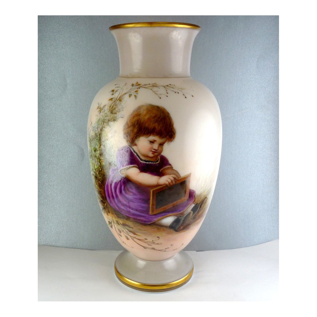 Antique Josef Ahne Bohemian Opaline Vase, Enameled With Girl and Slate ...