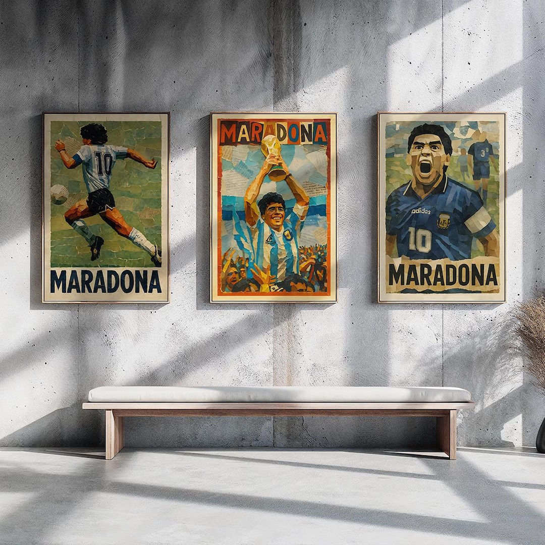 Maradona Collage Poster Set of 3 | Vintage Paper Style Football Wall ...