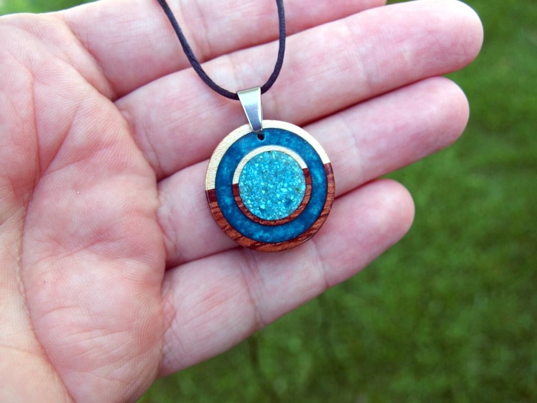 Exotic Wood, Stone and Resin Disc Pendant Neclace. Minimalist Boho ...