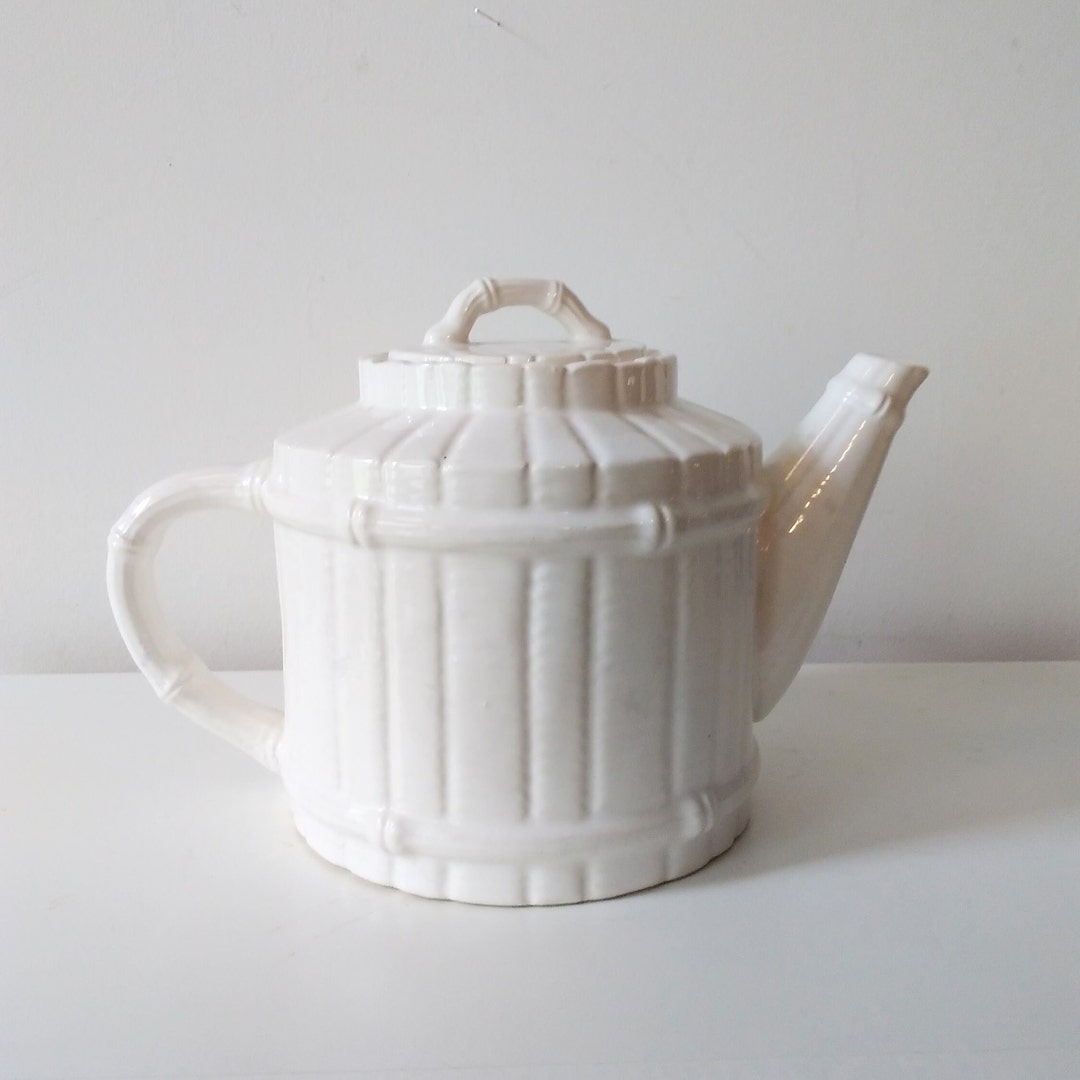 Vintage MCM White Ceramic Teapot Faux Bamboo Pottery - Etsy