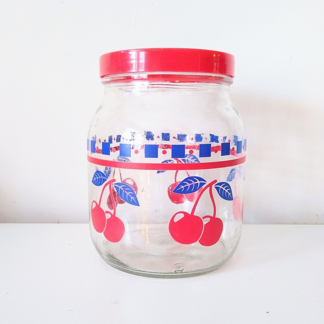 Vintage 70s Cherry Glass Cannister Blue Red Large Jar - Etsy