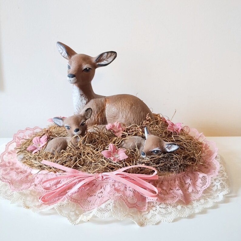 Vintage Deer Diorama Nature Scene Figurines Frilly Lace Pink Ribbon - Etsy