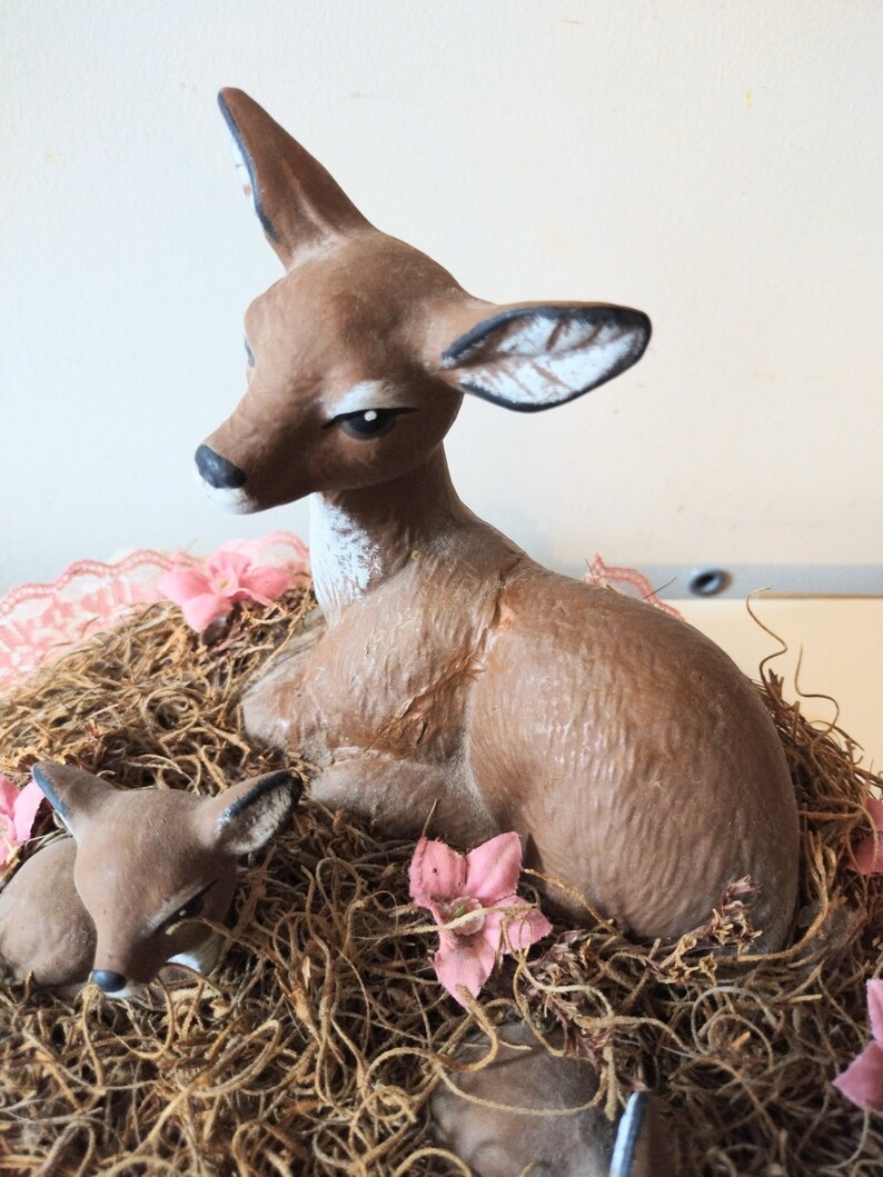 Vintage Deer Diorama Nature Scene Figurines Frilly Lace Pink Ribbon - Etsy