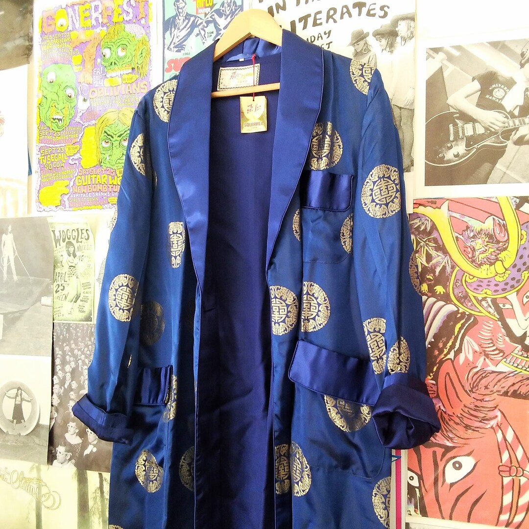 Vintage 60s NOS Blue Brocade Robe Long Chinese Smoking Jacket - Etsy