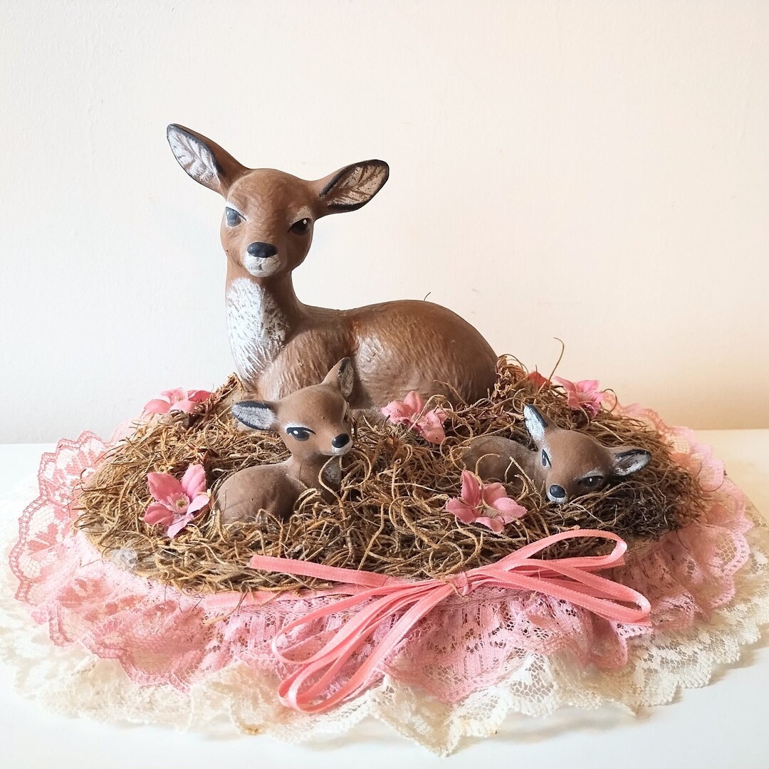 Vintage Deer Diorama Nature Scene Figurines Frilly Lace Pink Ribbon - Etsy
