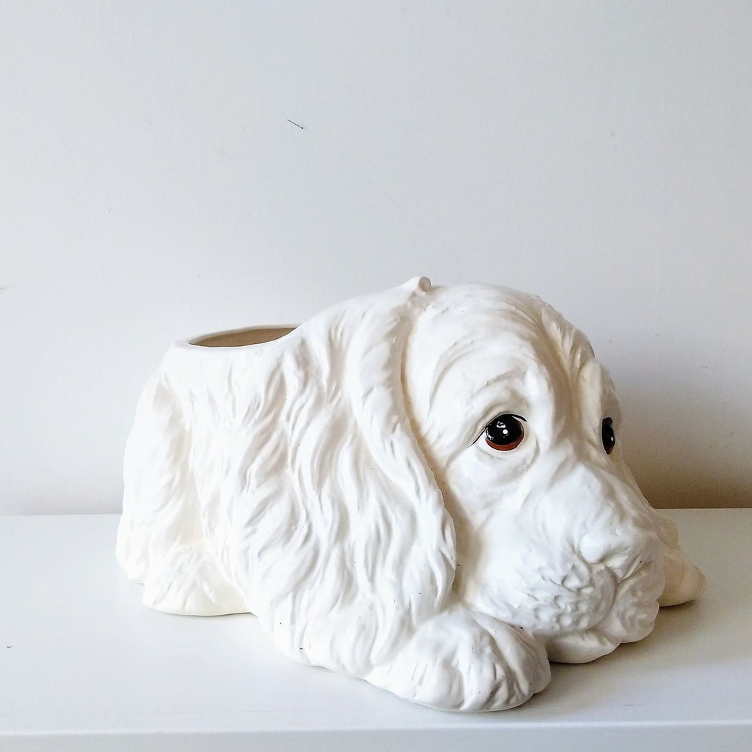 Vintage Ceramic Dog Planter White Spaniel Hand Painted - Etsy