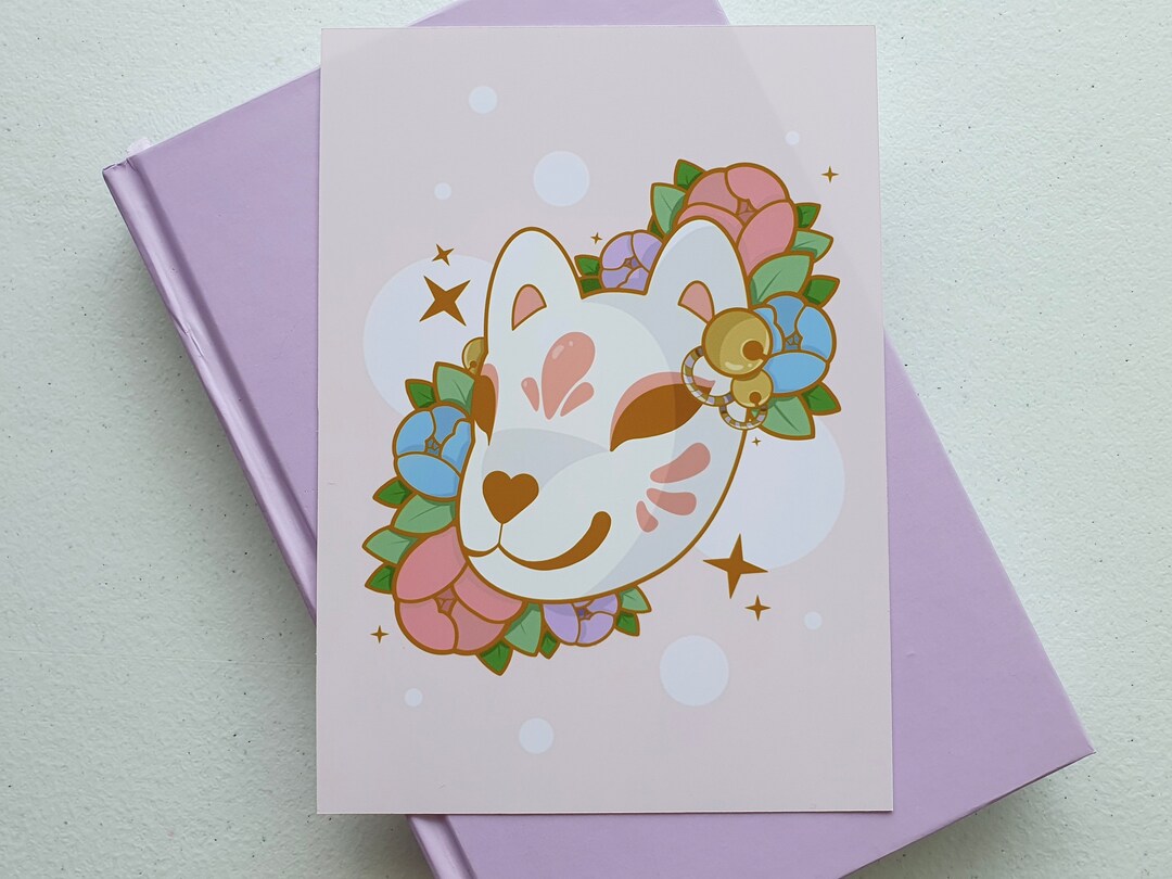 Cute Oriental Kitsune Mask 5x7 Print - Legendary Fox Mask With Peony ...