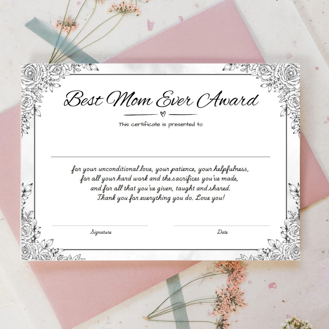 Printable Best Mom Award Certificate - Mother’s Day Gift - Instant PDF ...