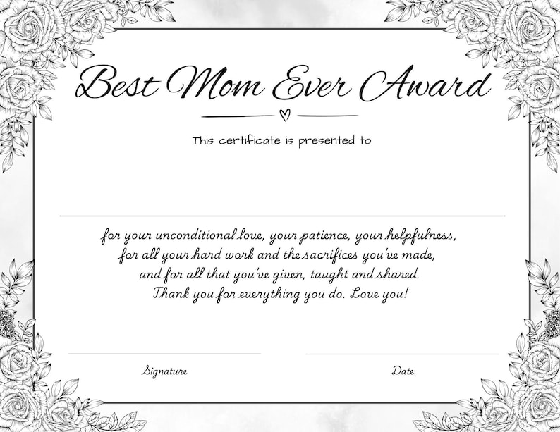 Printable Best Mom Award Certificate - Mother’s Day Gift - Instant PDF ...