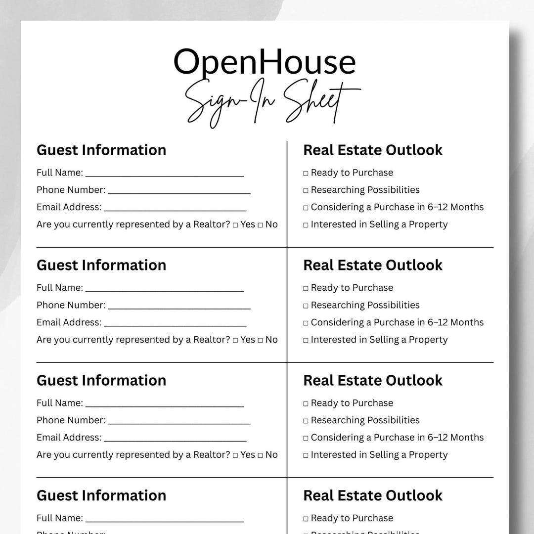 Editable Open House Sign-in Sheet – Real Estate Printable Template (US ...
