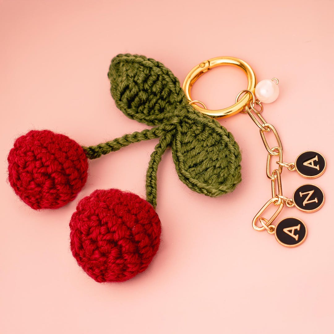 Crochet Cherry Keychain Personalized Letter Charm Bag Accessory Girls ...