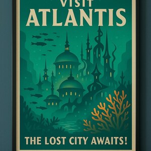 Visit Atlantis Travel Poster | Fantasy Printable Wall Art | Retro ...