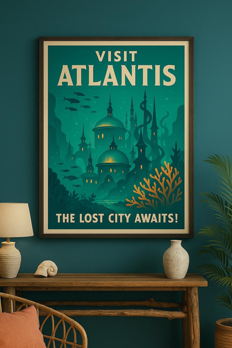 Visit Atlantis Travel Poster | Fantasy Printable Wall Art | Retro ...