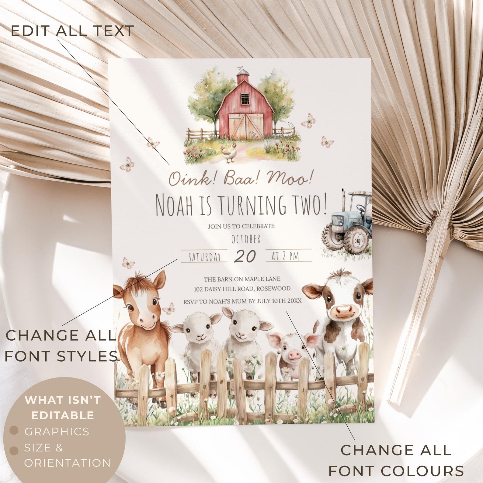 Oink Baa Moo Turning Two Birthday Invitation Editable Farm Animal Party ...