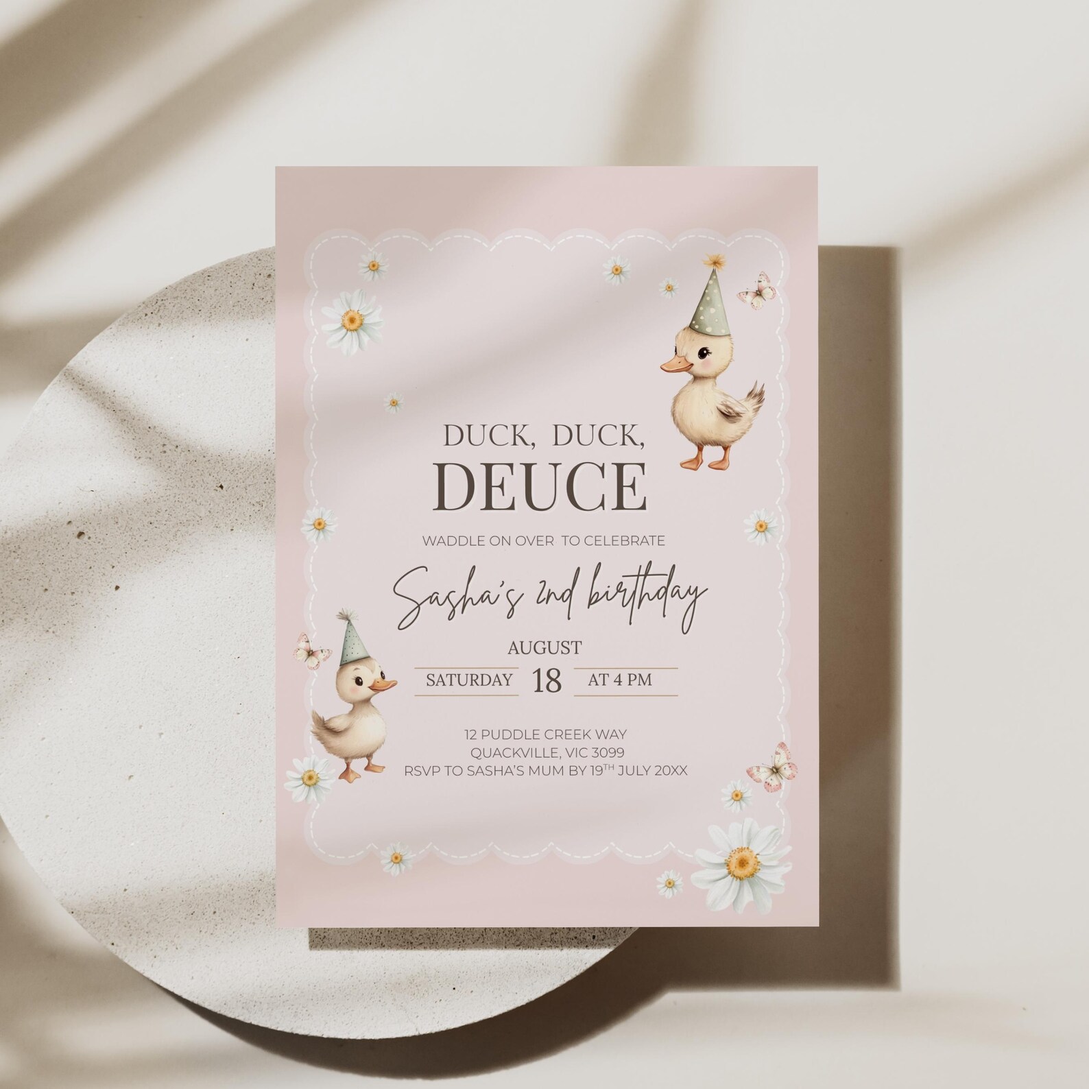 Duck Duck Deuce Birthday Invitation Editable Girls 2nd Birthday Canva ...
