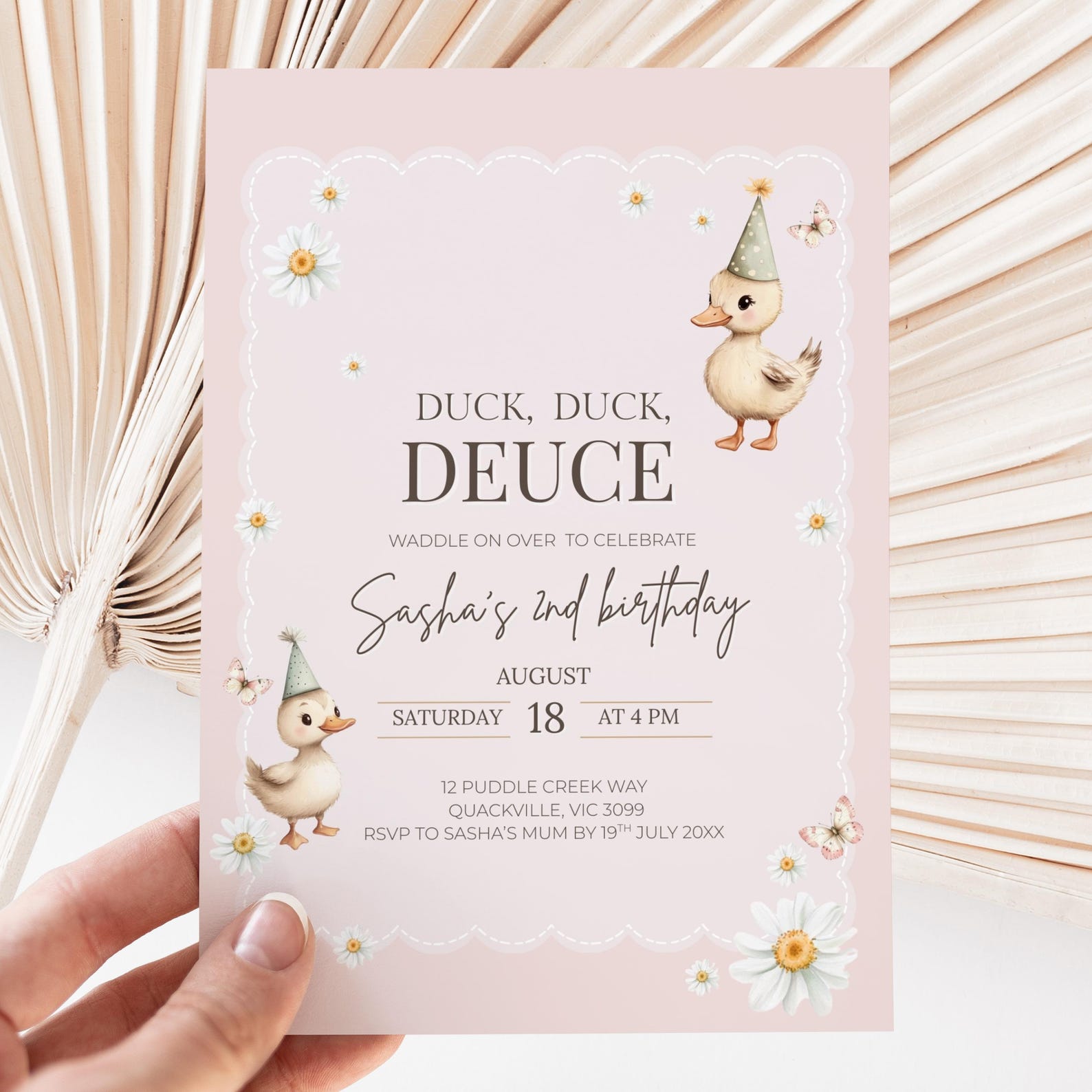 Duck Duck Deuce Birthday Invitation Editable Girls 2nd Birthday Canva ...