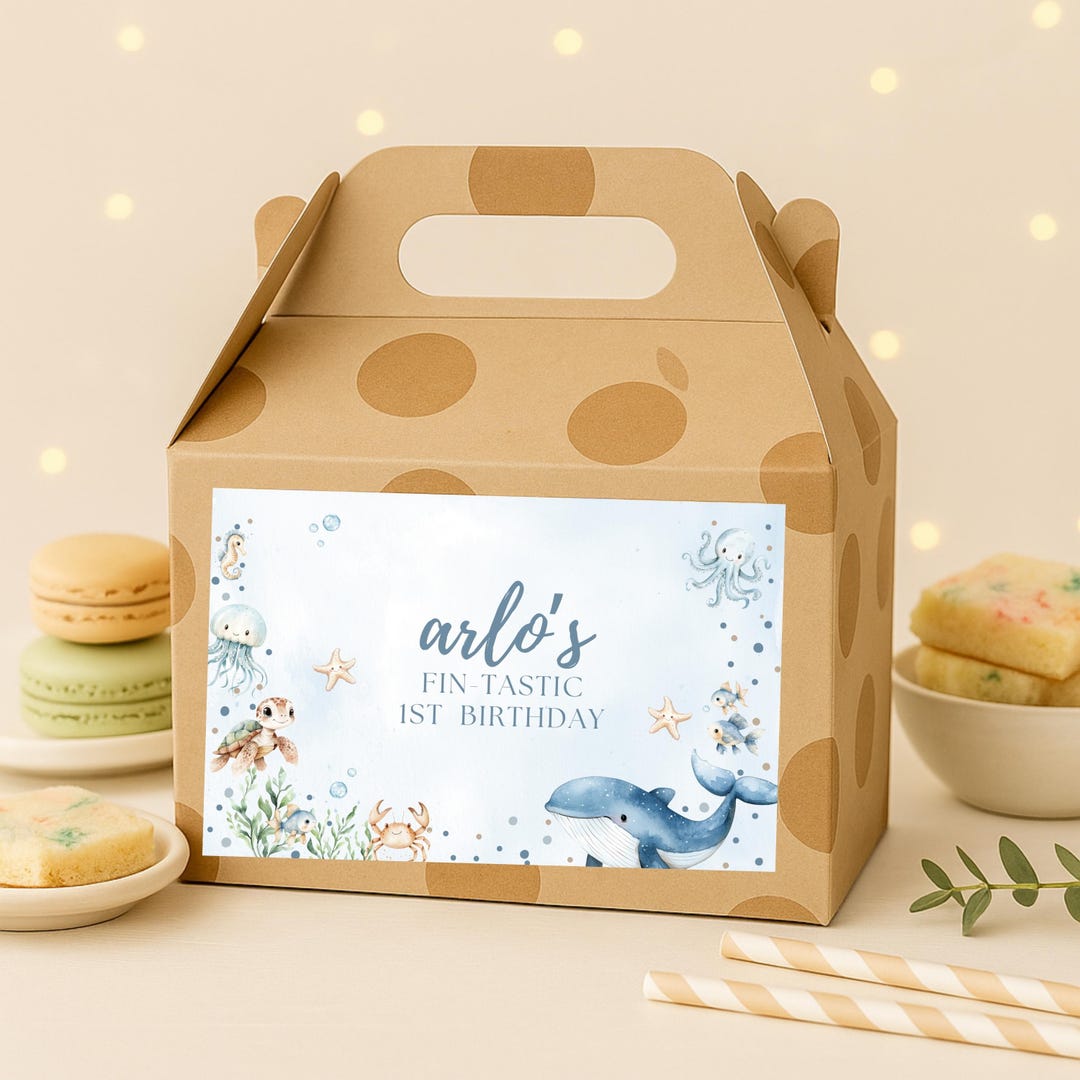 Editable Under the Sea Gable Box Labels Boy Custom Treat Box Label Blue ...