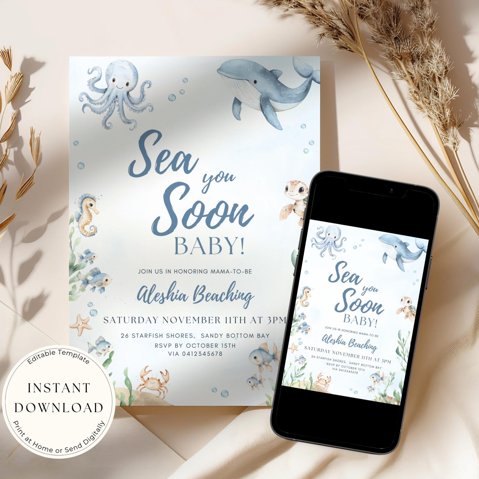 Sea You Soon Baby Shower Invite Nautical Baby is on the Way Printable ...