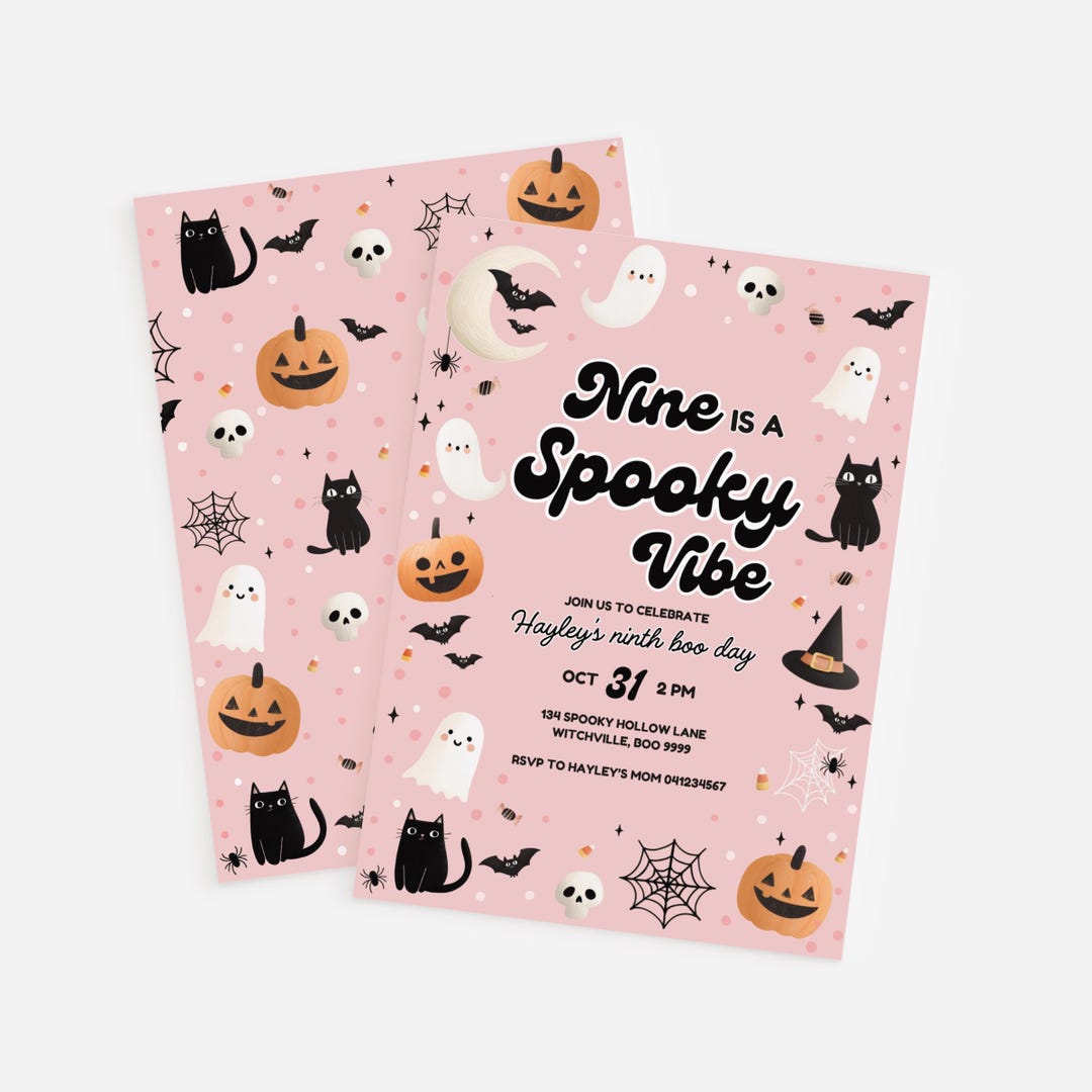 Nine is a Spooky Vibe Invite Girls 9th Halloween Birthday Pink October ...