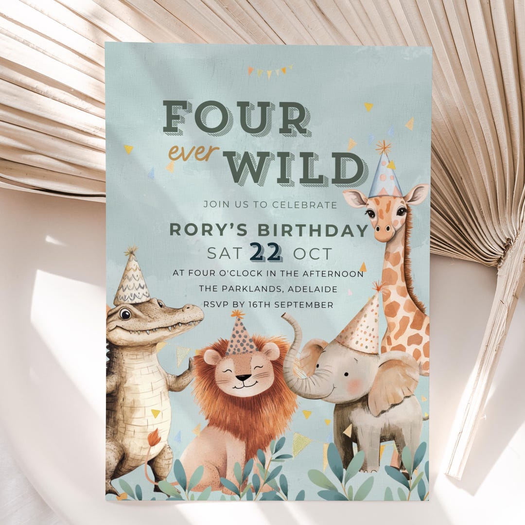 Four Ever Wild Boy Birthday Invite Editable Safari Party Template for ...