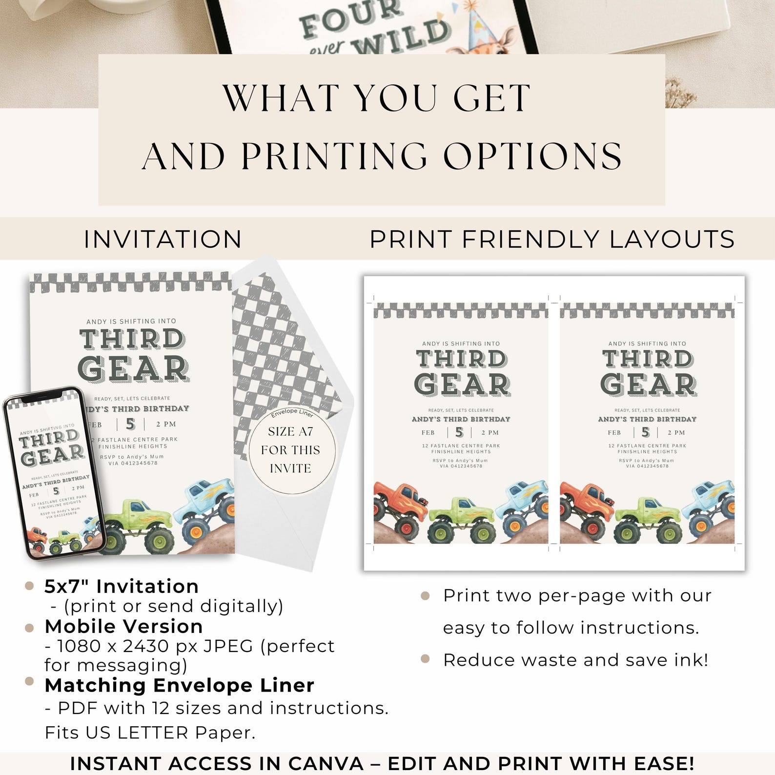 Editable Monster Truck Third Birthday Invitation for Boy Third Gear ...