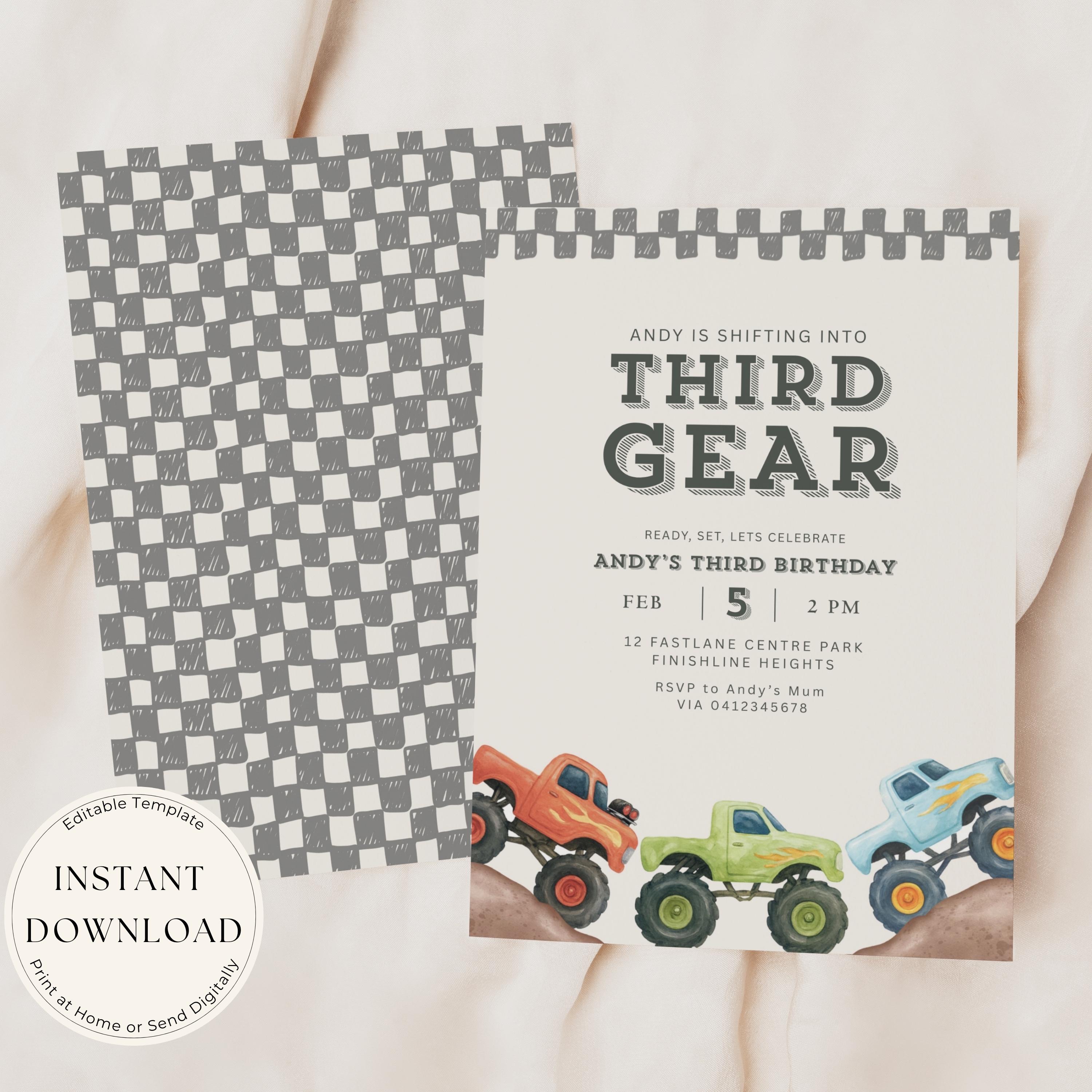 Editable Monster Truck Third Birthday Invitation for Boy Third Gear ...