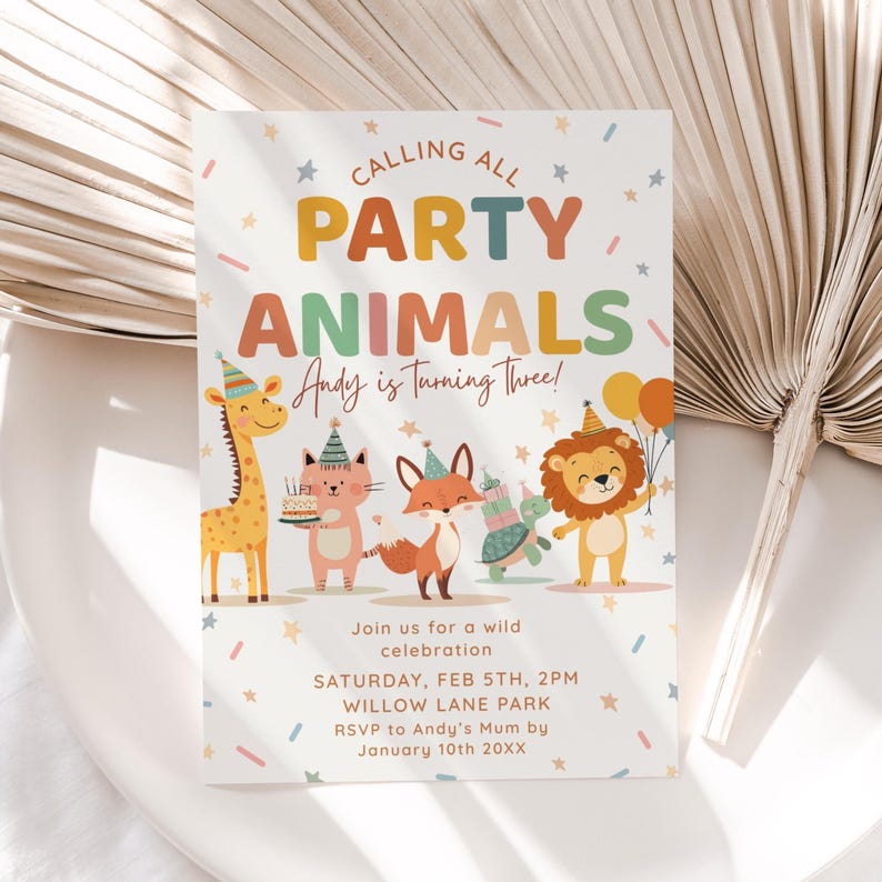 Digital Editable Calling All Party Animals Invitation Kids Birthday ...