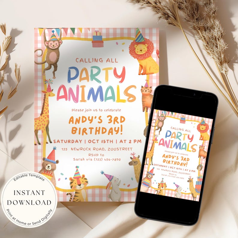 Calling All Party Animals Invitation: Editable Animals in Party Hats ...