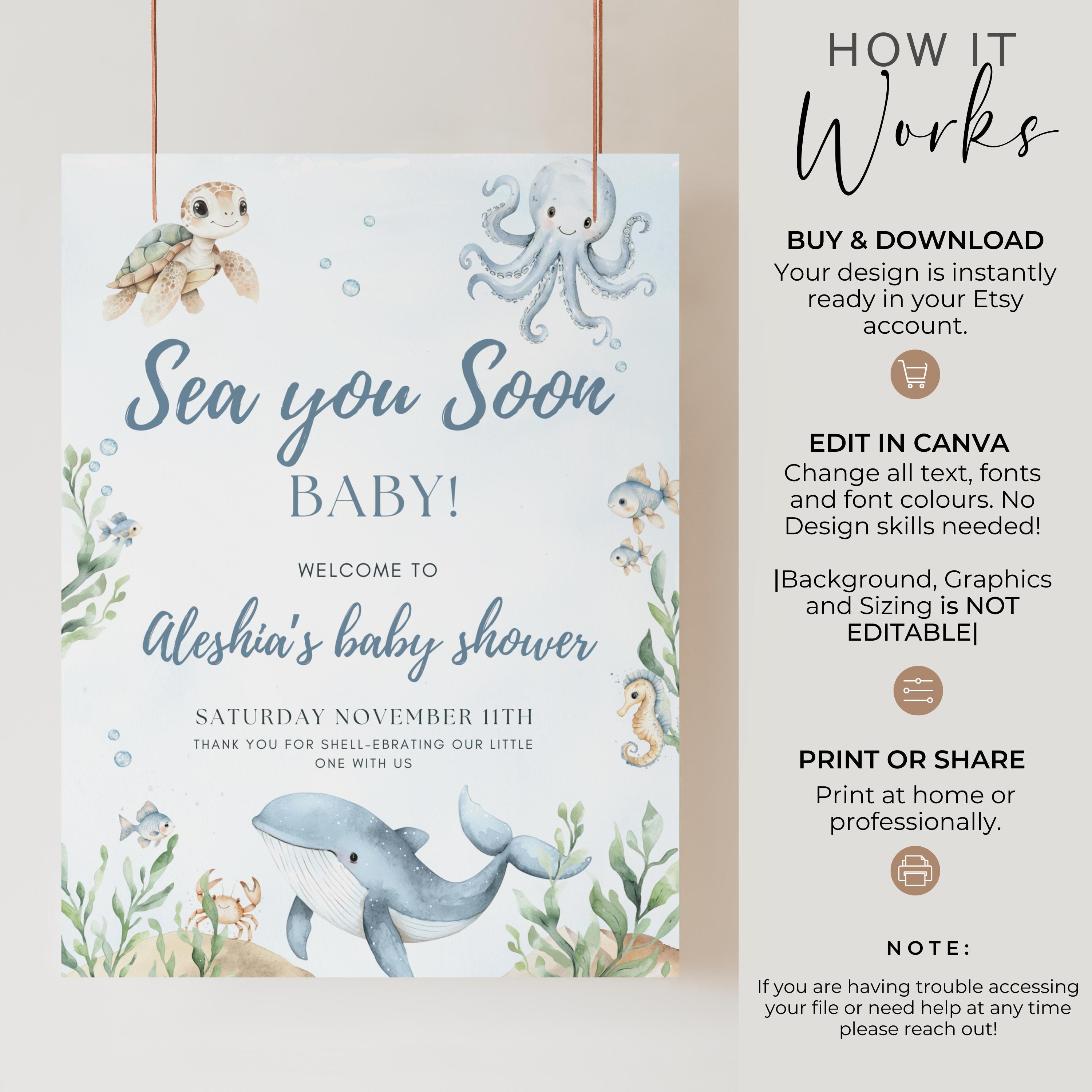 Sea You Soon Baby Shower Welcome Sign Ocean Baby Shower Decor Printable ...