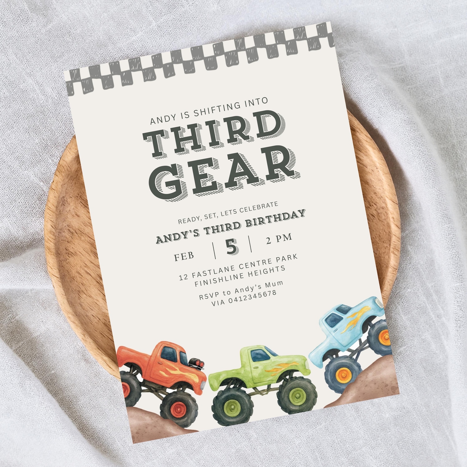Editable Monster Truck Third Birthday Invitation for Boy Third Gear ...
