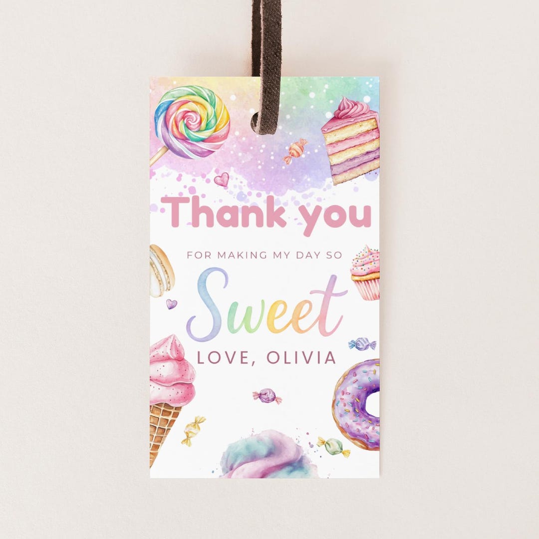 Editable Candy Thank You Tag 2x3.5" Rectangle Sweets Favor Card ...