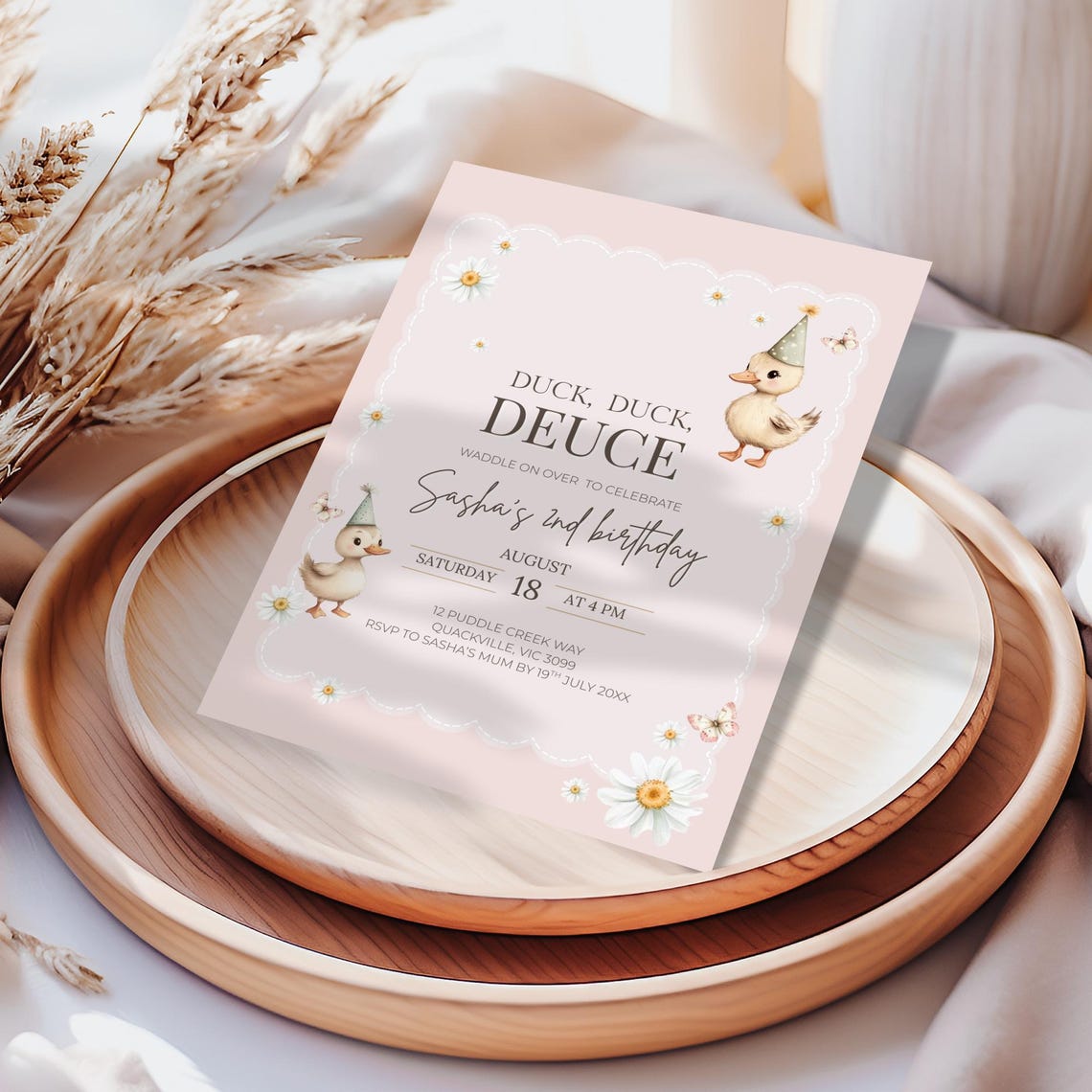 Duck Duck Deuce Birthday Invitation Editable Girls 2nd Birthday Canva ...