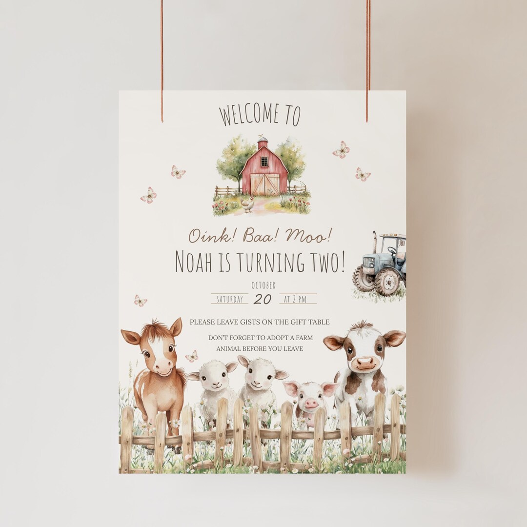 Oink Baa Moo Welcome Sign Boy Farm Animal Birthday Party Poster ...