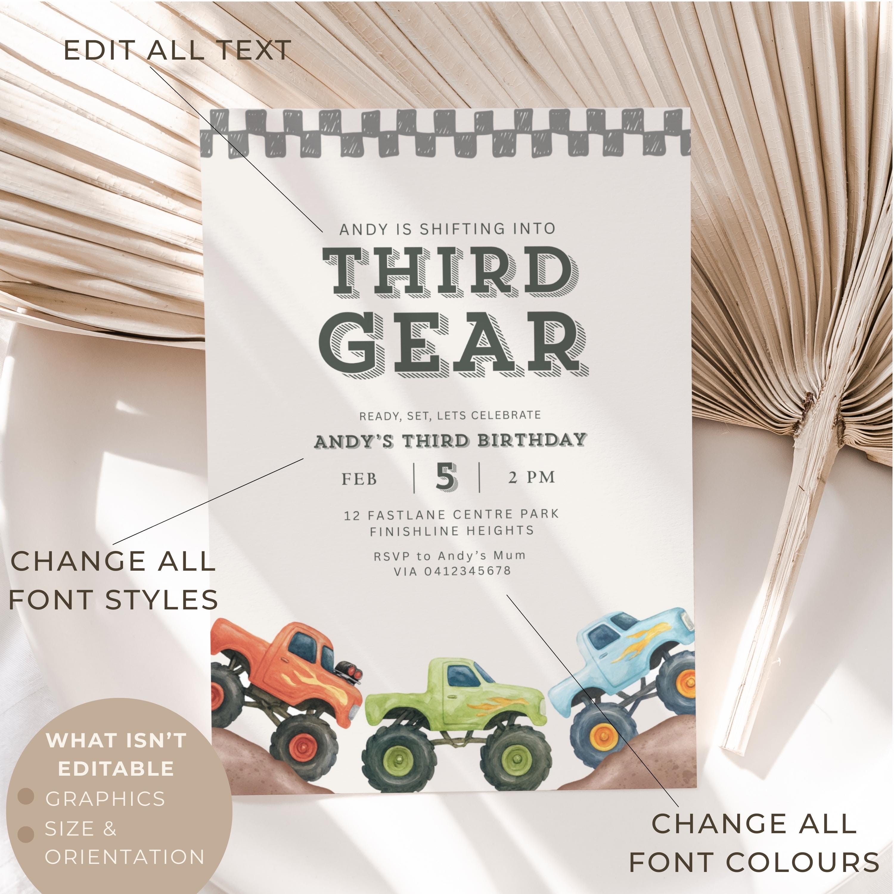 Editable Monster Truck Third Birthday Invitation for Boy Third Gear ...