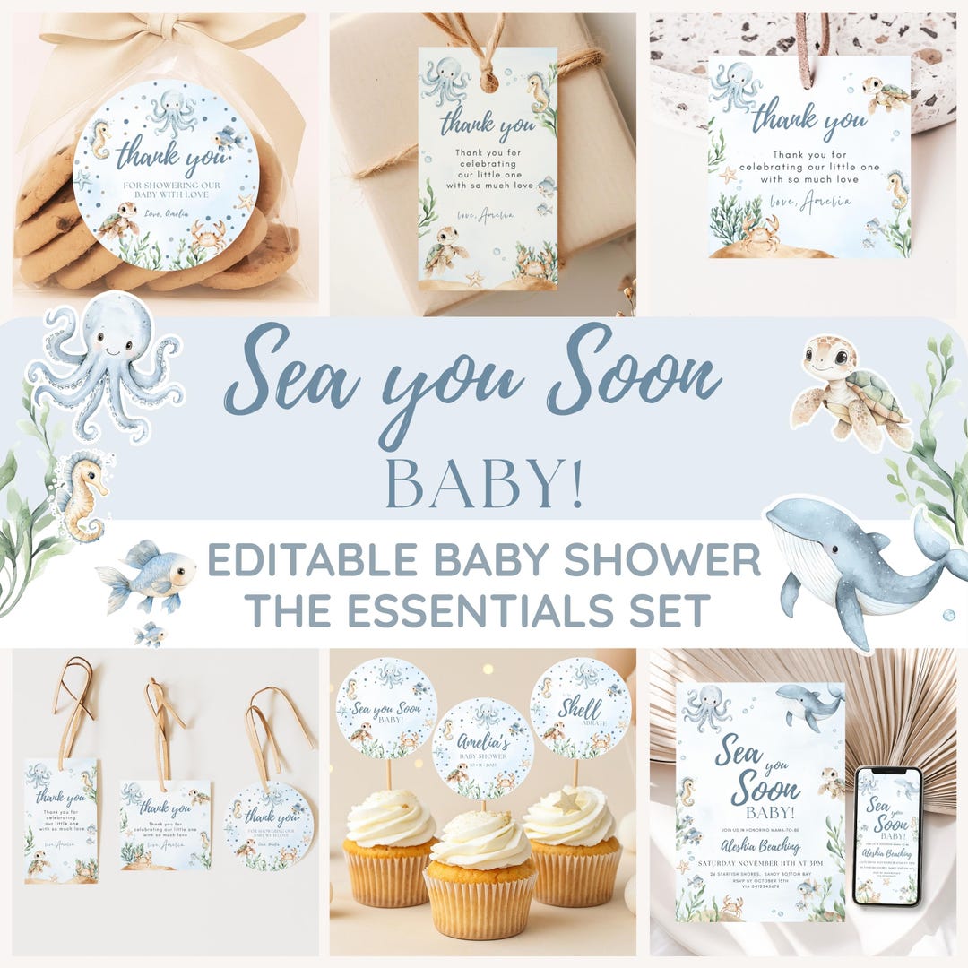 Sea You Soon Baby Shower Set Ocean Theme Invitation Coastal Thank You ...