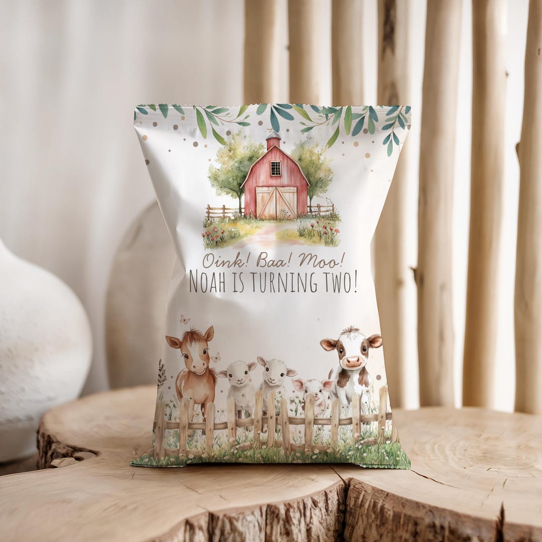 Oink Baa Moo Chip Bag Neutral Farm Animal Party Favor Wrapper Printable ...