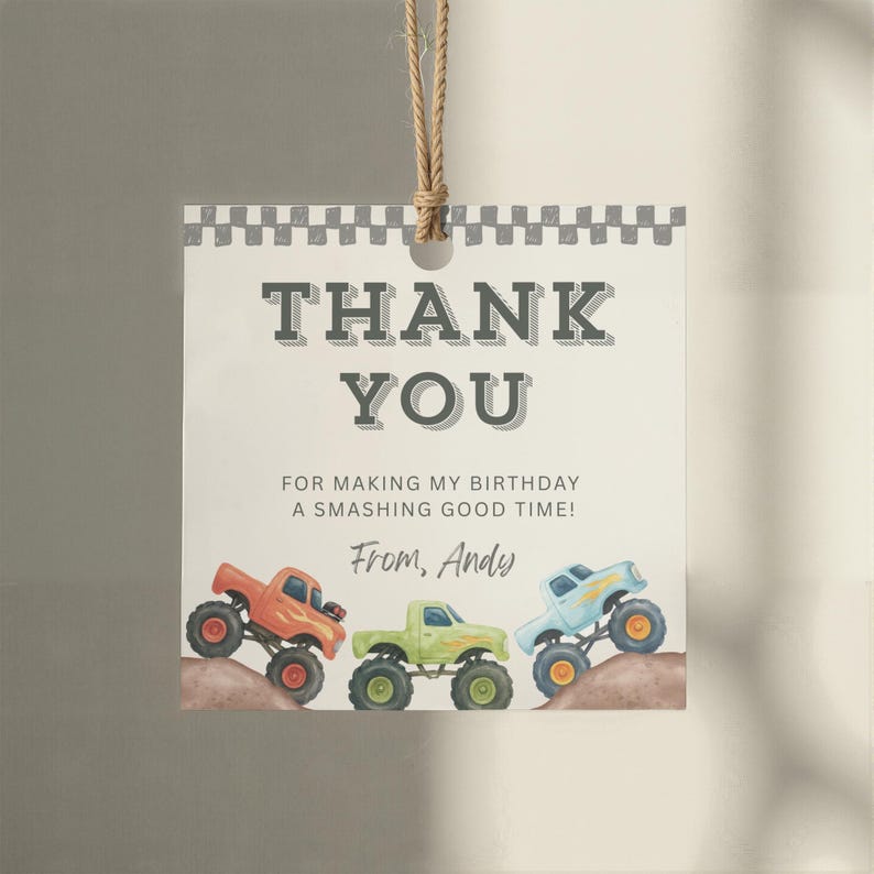 Monster Truck Thank You Tag: Printable Birthday Party Favor Label for ...