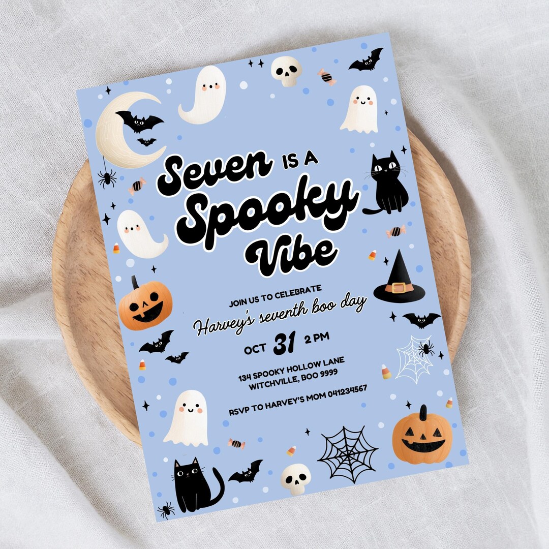 Seven is a Spooky Vibe Birthday Invite Ghost Party for Boys Blue ...