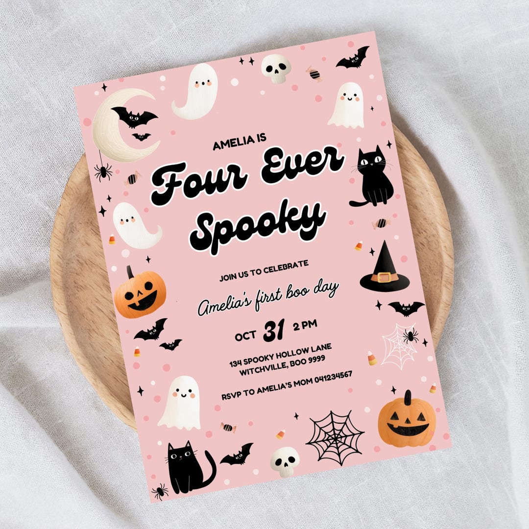 Four Ever Spooky Birthday Invitation Girls 4th Halloween Party Editable ...