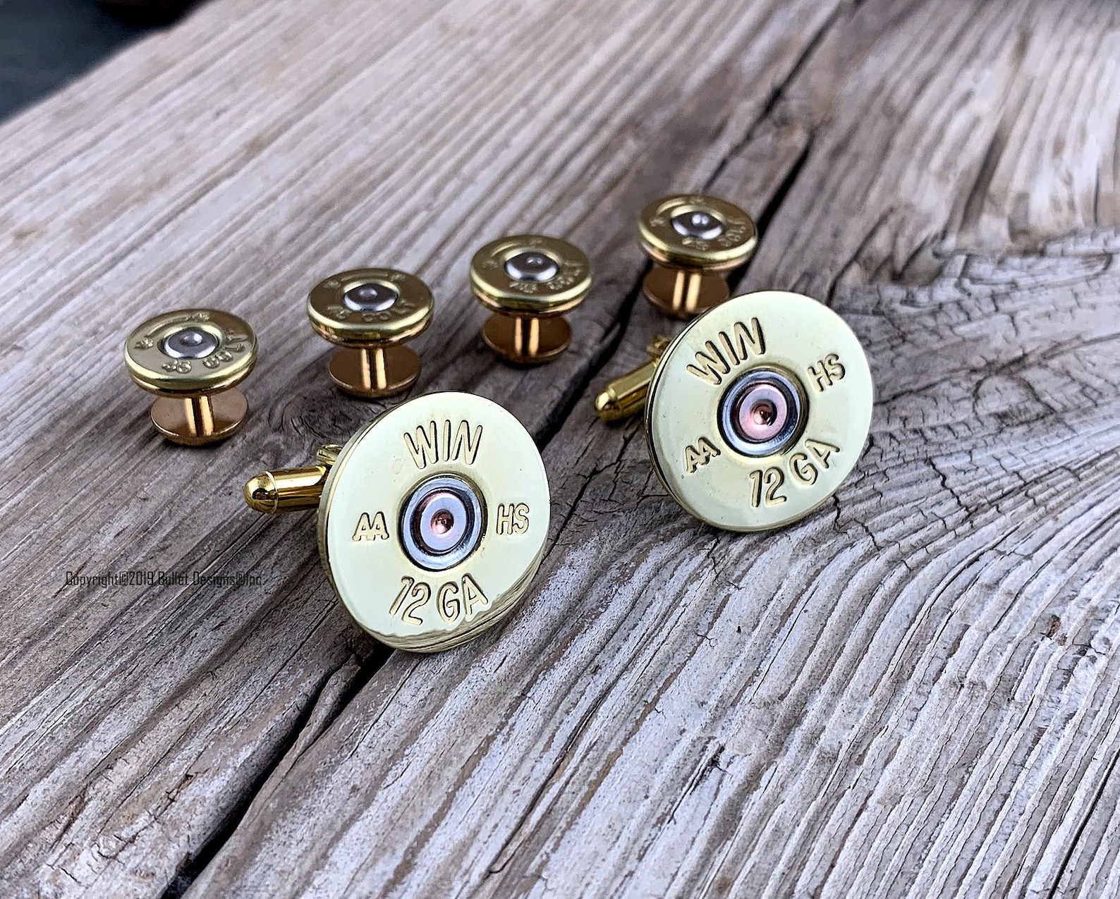 Bullet Tuxedo Studs and Shotgun Cufflinks Set BRASS, 12 or 20 Gauge ...