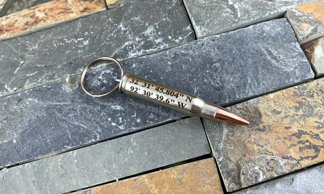 Custom Coordinates GPS Dark Engraved Bullet Keychain, Personalized ...