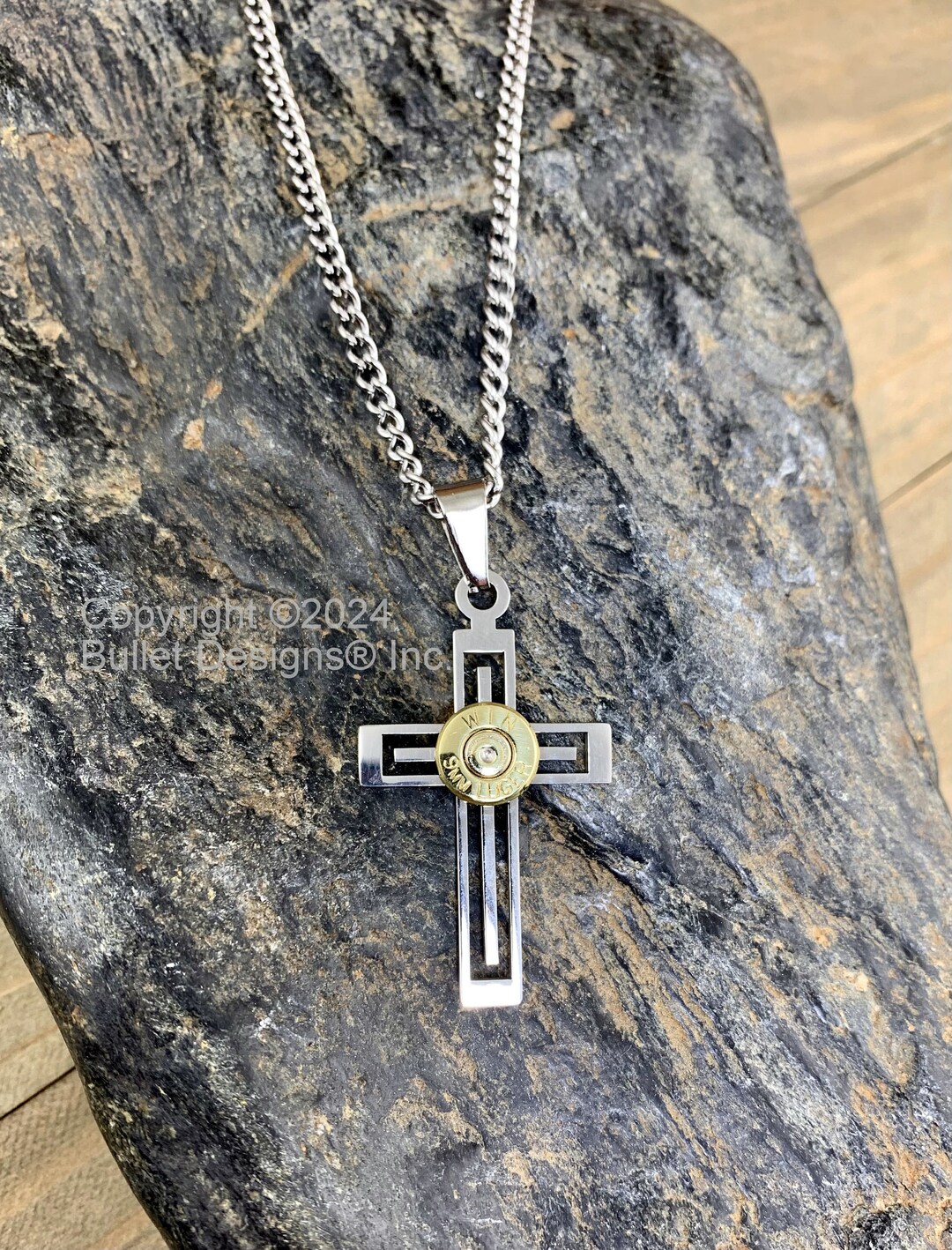 Stainless Steel Inset Men's Cross Bullet Necklace, Polished, Religious ...