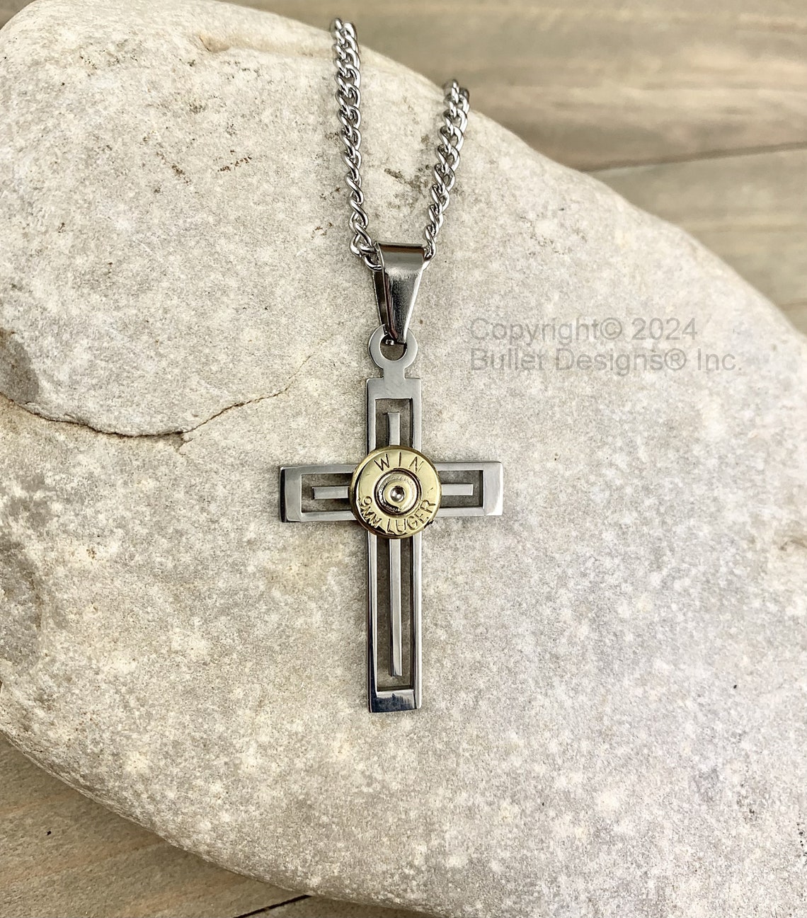 Stainless Steel Inset Men's Cross Bullet Necklace, Polished, Religious ...